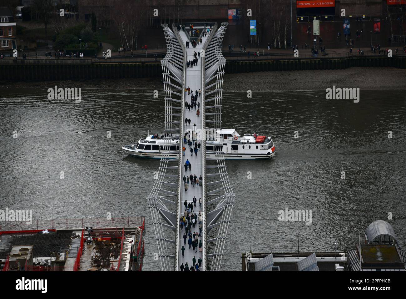 Aerial view of London Millennium FootBridge across the river thames ...