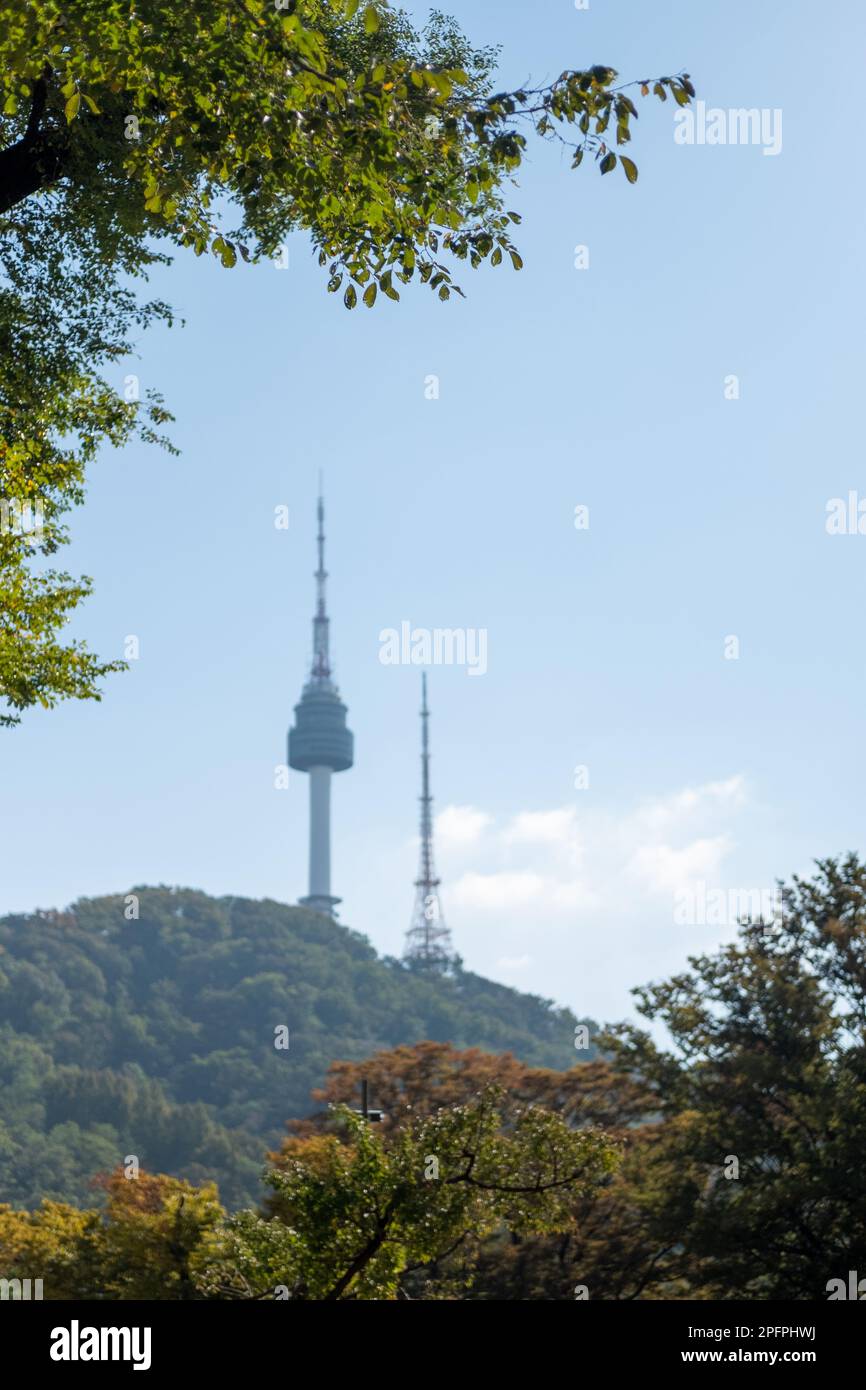 View of N Seoul Tower or Namsan Tower, located on Nam Mountain in Seoul ...