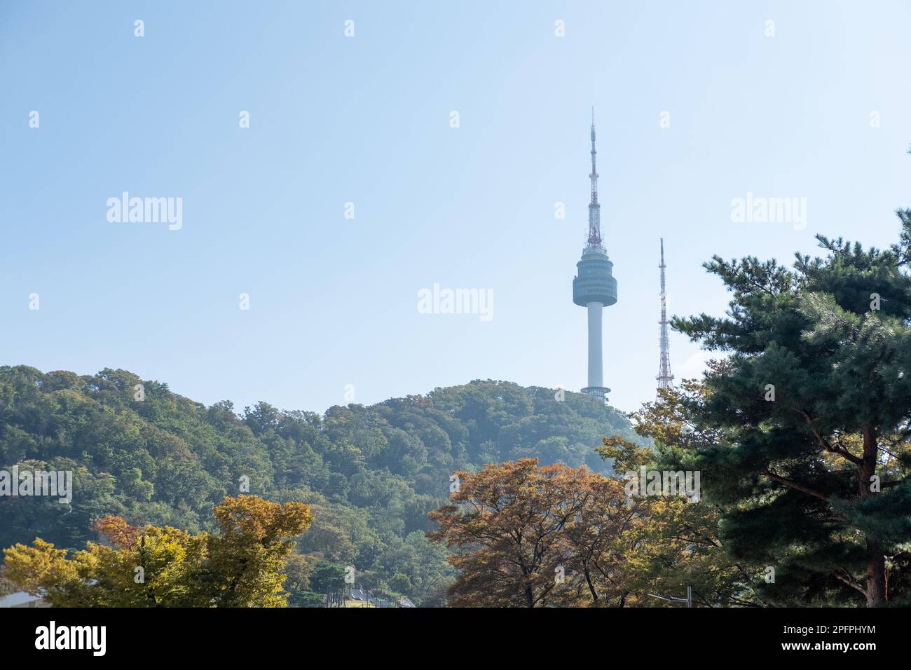 View of N Seoul Tower or Namsan Tower, located on Nam Mountain in Seoul ...