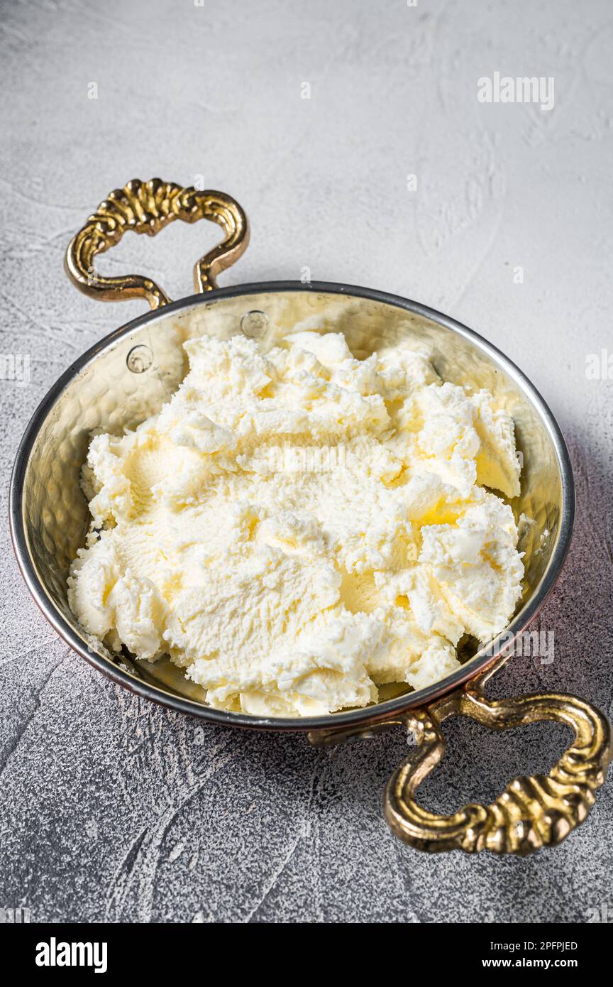Turkish Kaymak Clotted cream, butter cream. Gray background. Top view ...