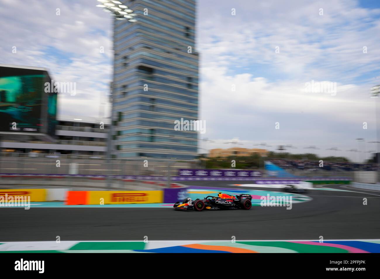 Red Bull driver Sergio Perez of Mexico steers his car during the third free practice ahead of ...