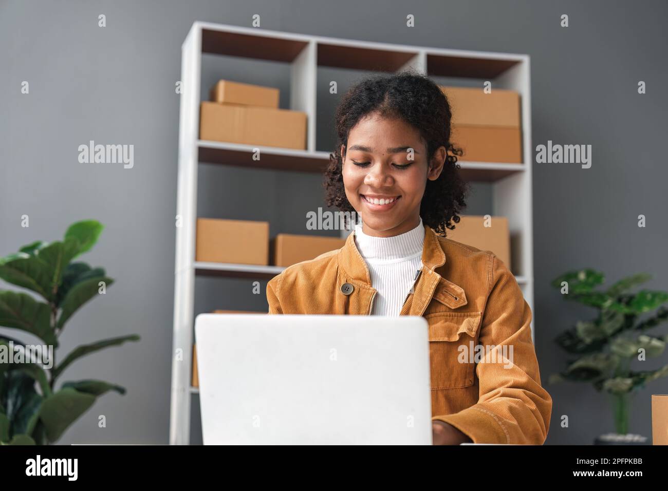 sme business idea. African Americans woman selling online at home with ...