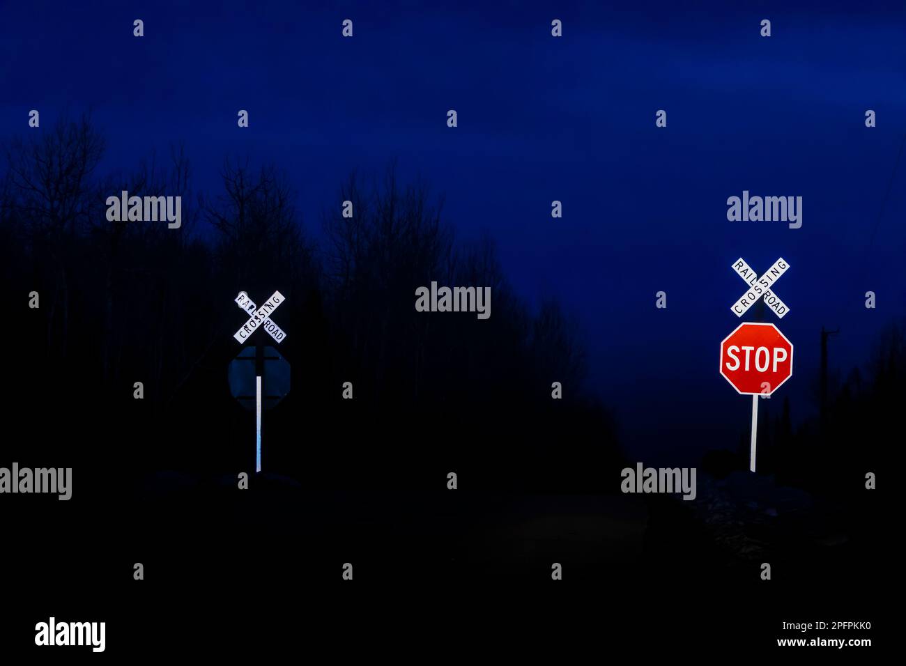 BNSF Railway grade crossing at twilight in Sax-Zim Bog, Minnesota, USA ...