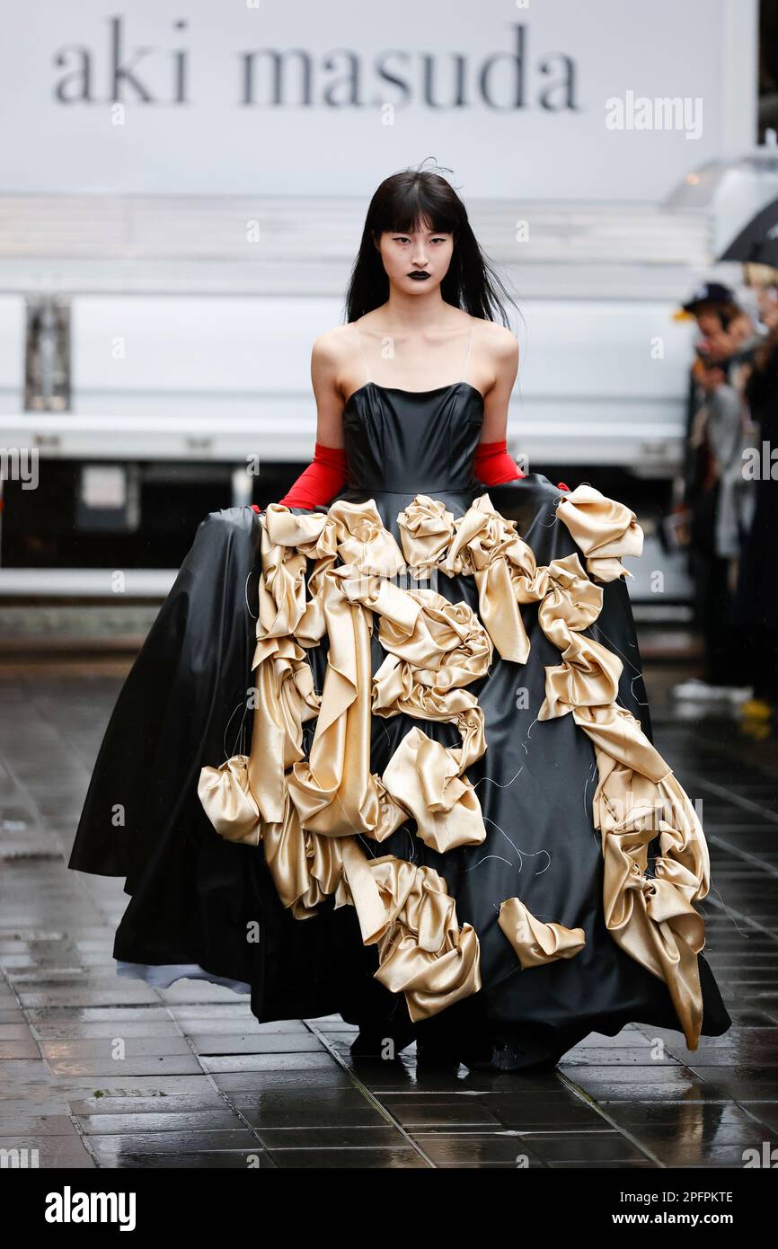 Tokyo, Japan. 18th Mar, 2023. A model, wearing fashion brand Aki Masuda ...