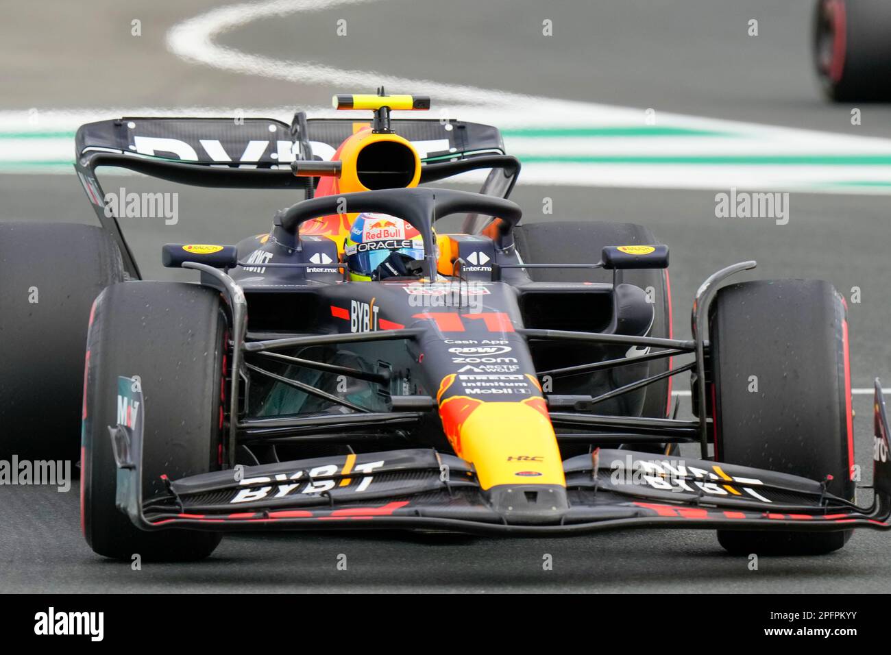 Red Bull driver Sergio Perez of Mexico steers his car during the third free practice ahead of ...