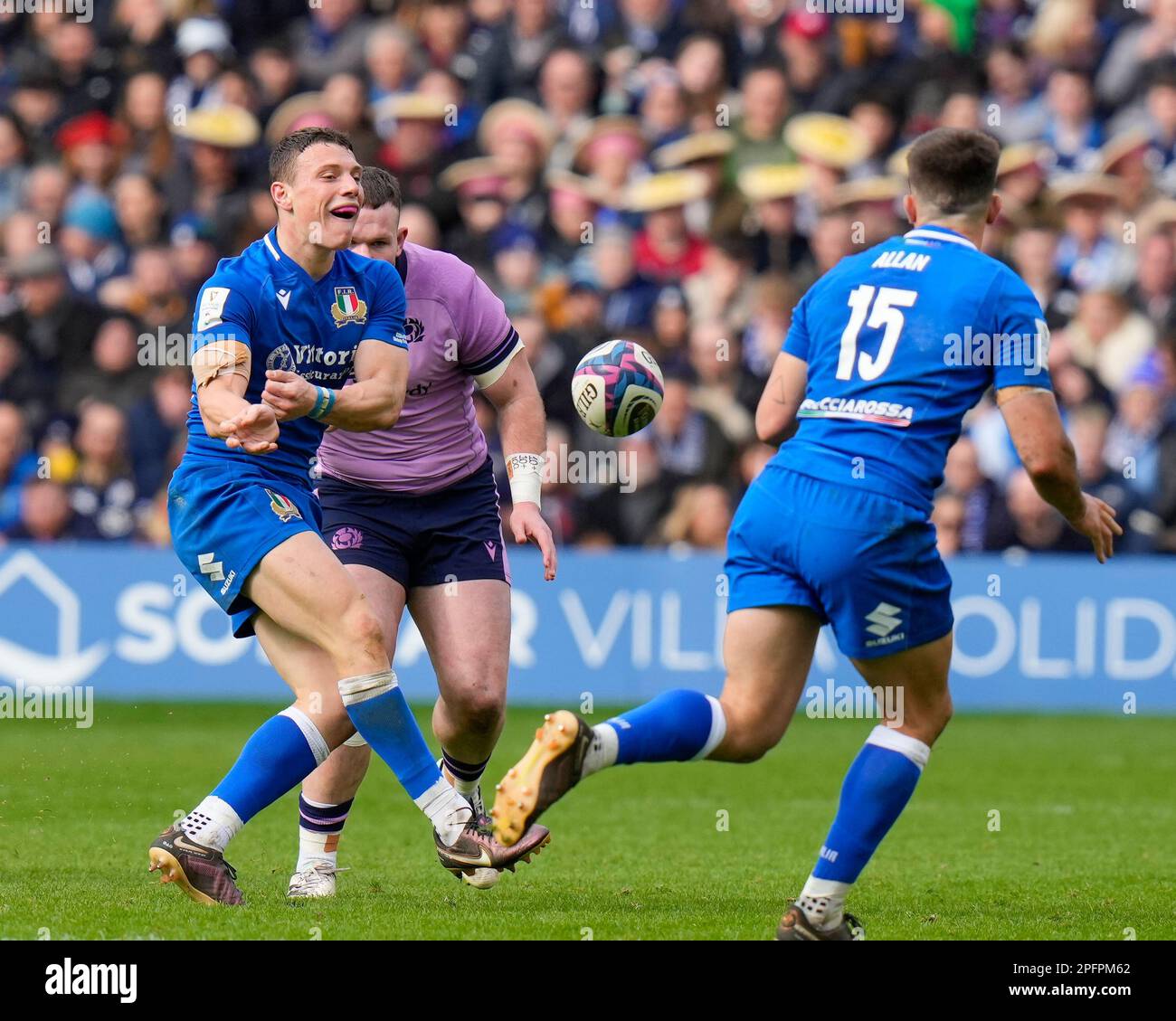 Paolo Garbisi #10 of Italy passes the ball during the 2023 Guinness 6 ...