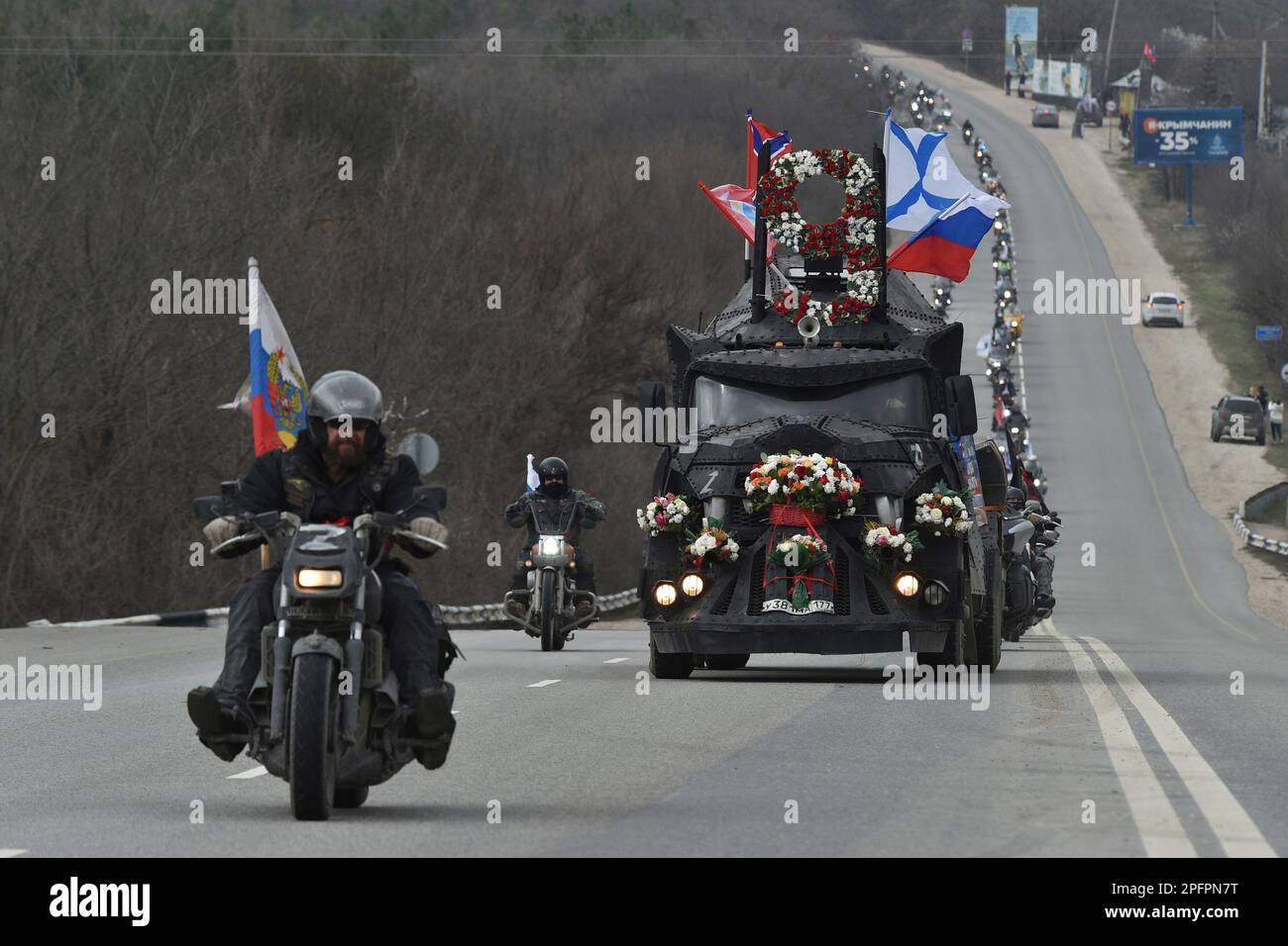 Russian biker group Nochniye Volki (the Night Wolves) drives with ...