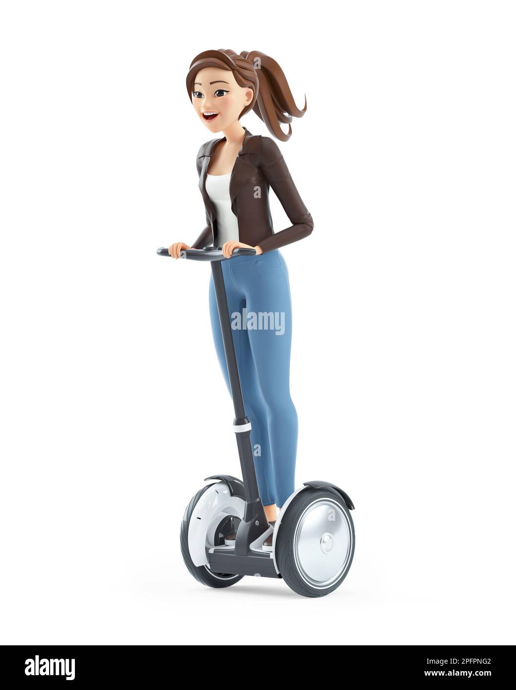 3d cartoon woman riding a segway, illustration isolated on white ...