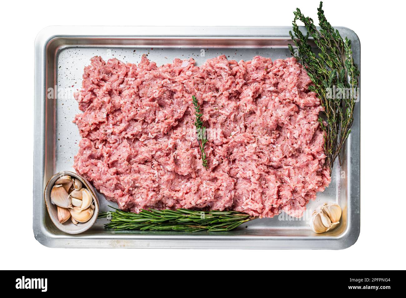 Raw Chicken or turkey ground meat in a kitchen tray. Isolated on white ...