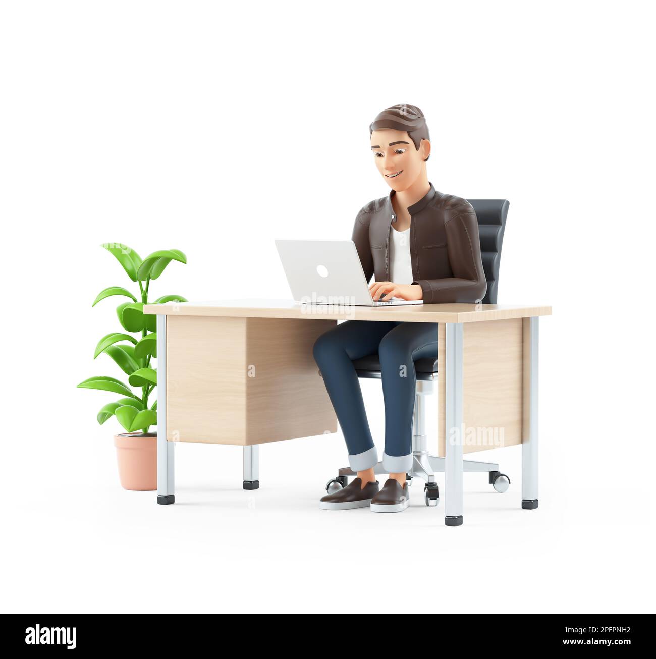 3d cartoon man working on laptop at office, illustration isolated on ...