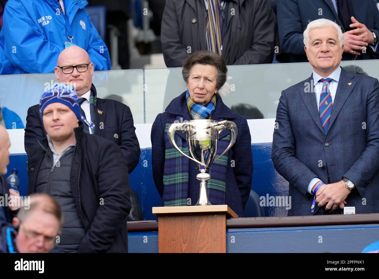 HRH Princess Anne waits to present the trophy to the Scottish Captain ...
