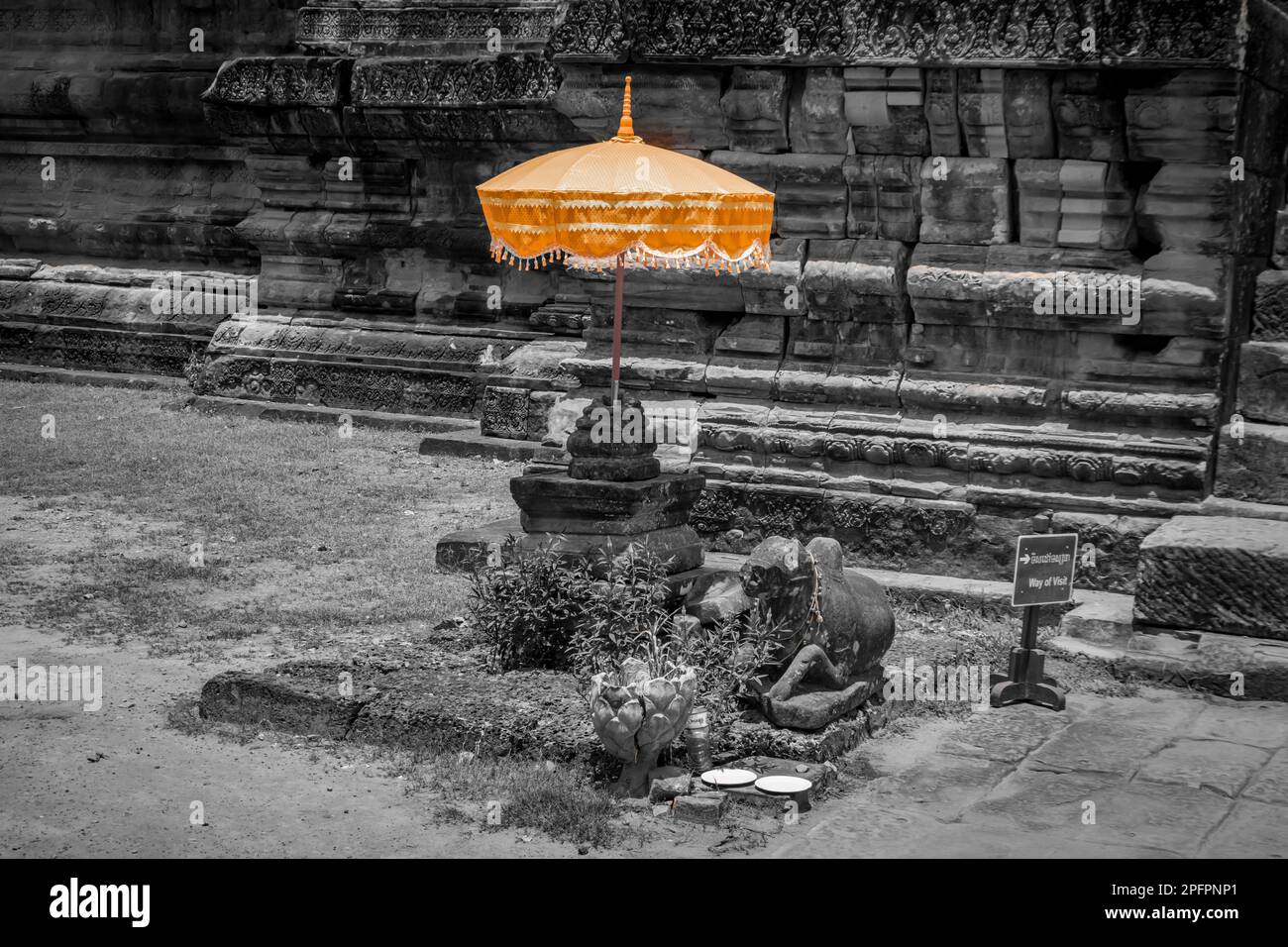 Selective colour color altar with golden umbrella in Angkor Wat in ...