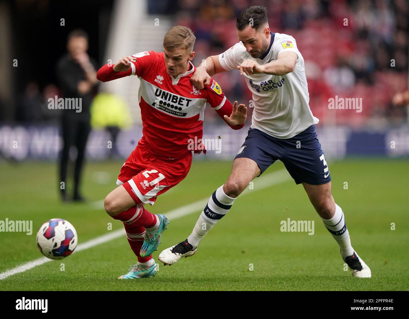 Middlesbrough's Marcus Forss (left) and Preston North End's Greg ...