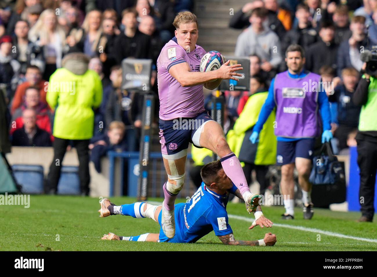 Duhan van der Merwe #11 of Scotland breaks past Pierre Bruno #14 of ...