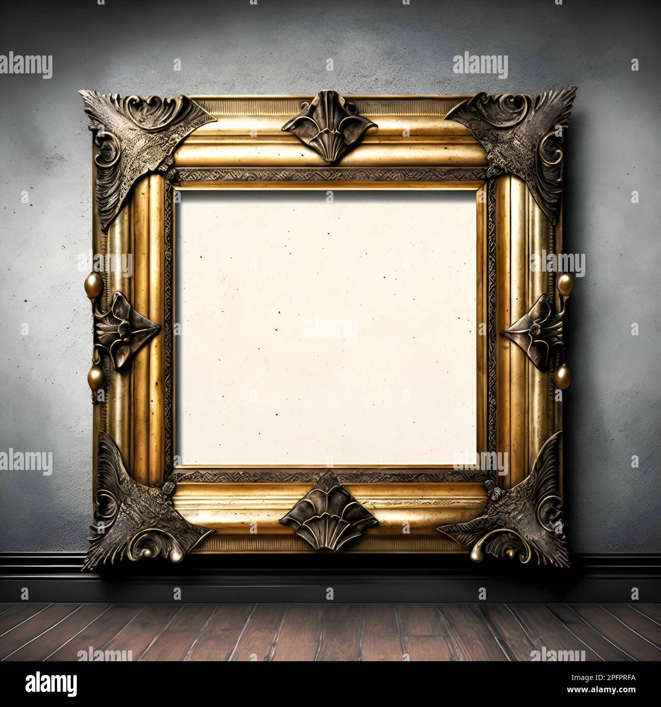 Antique golden art fair gallery frame with metal decorations and blank ...