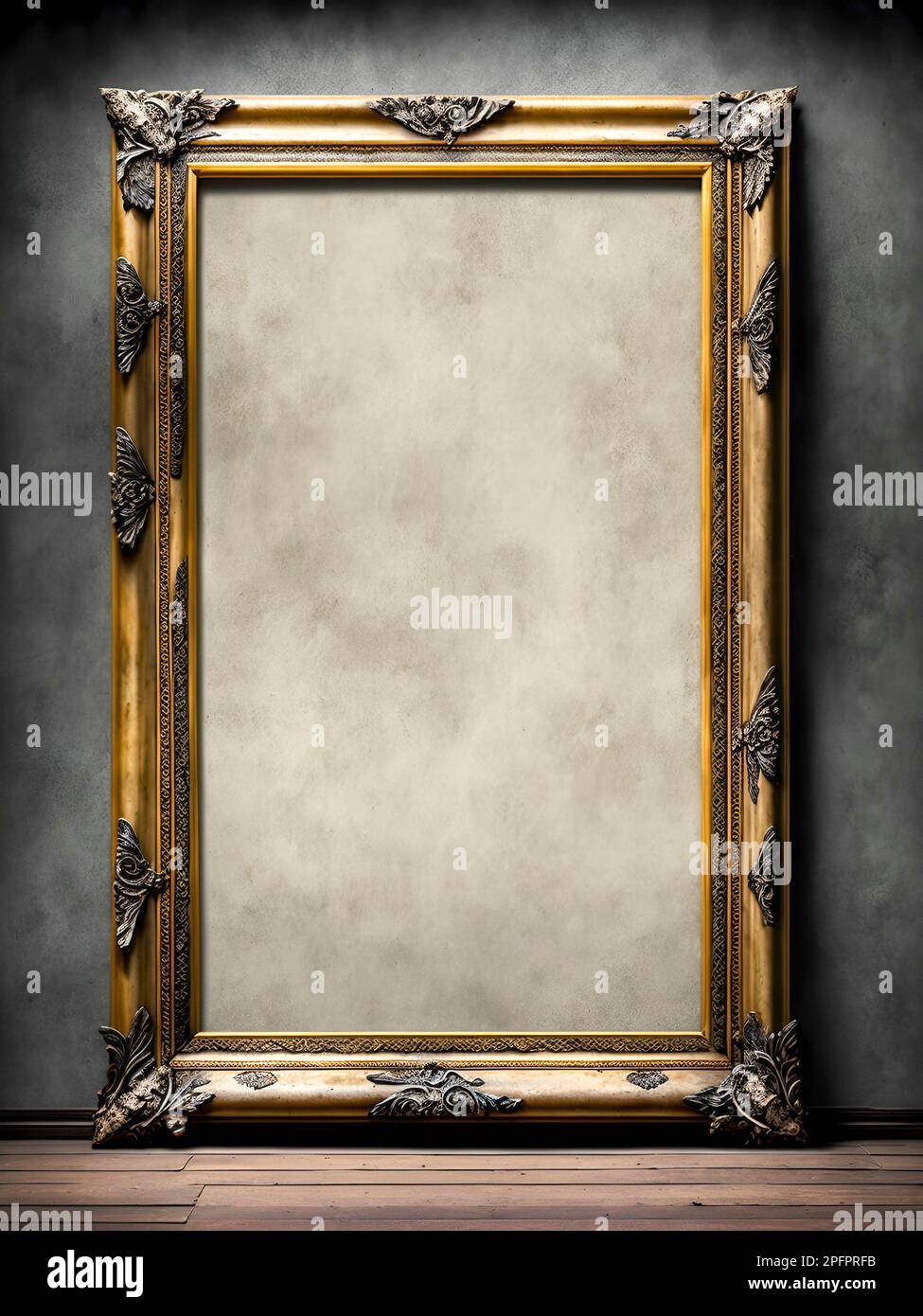 Antique golden art fair gallery frame with metal decorations and blank ...