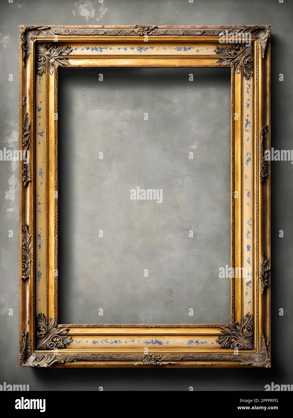 Antique golden art fair gallery frame with metal decorations and blank ...