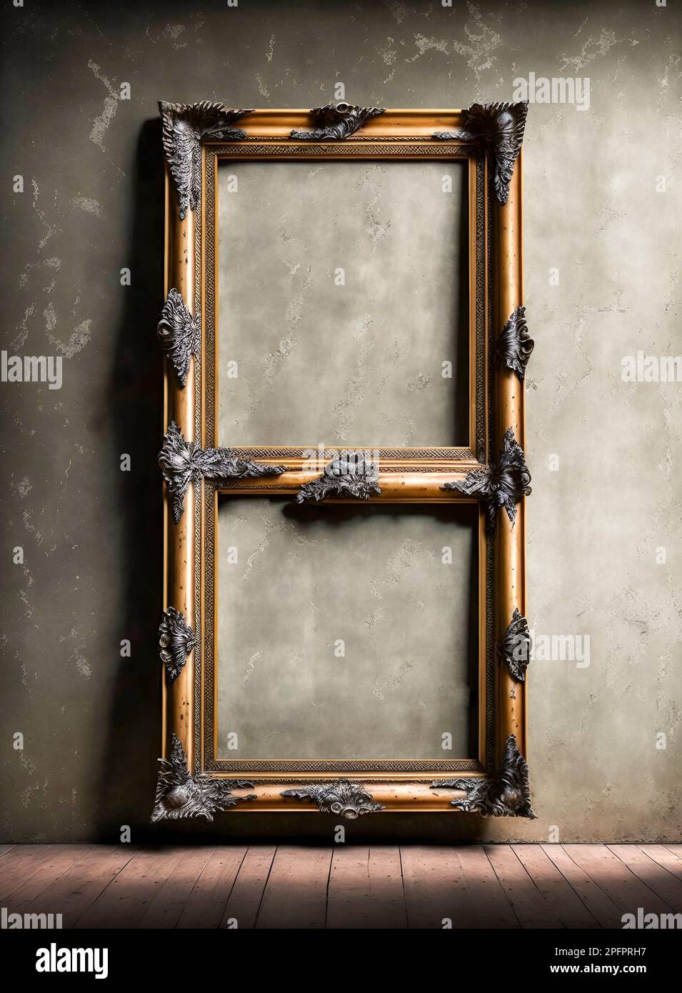 Antique golden art fair gallery frame with metal decorations and blank ...