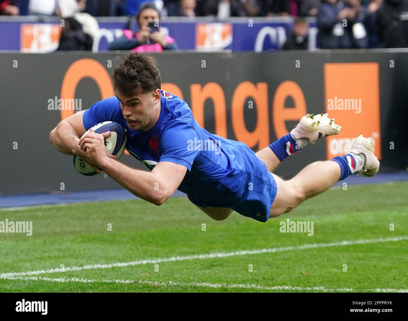 France's Damian Penaud scores their side's first try of the game during ...