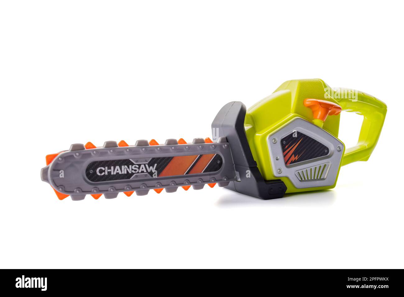 Plastic toy chainsaw isolated on white background Stock Photo - Alamy