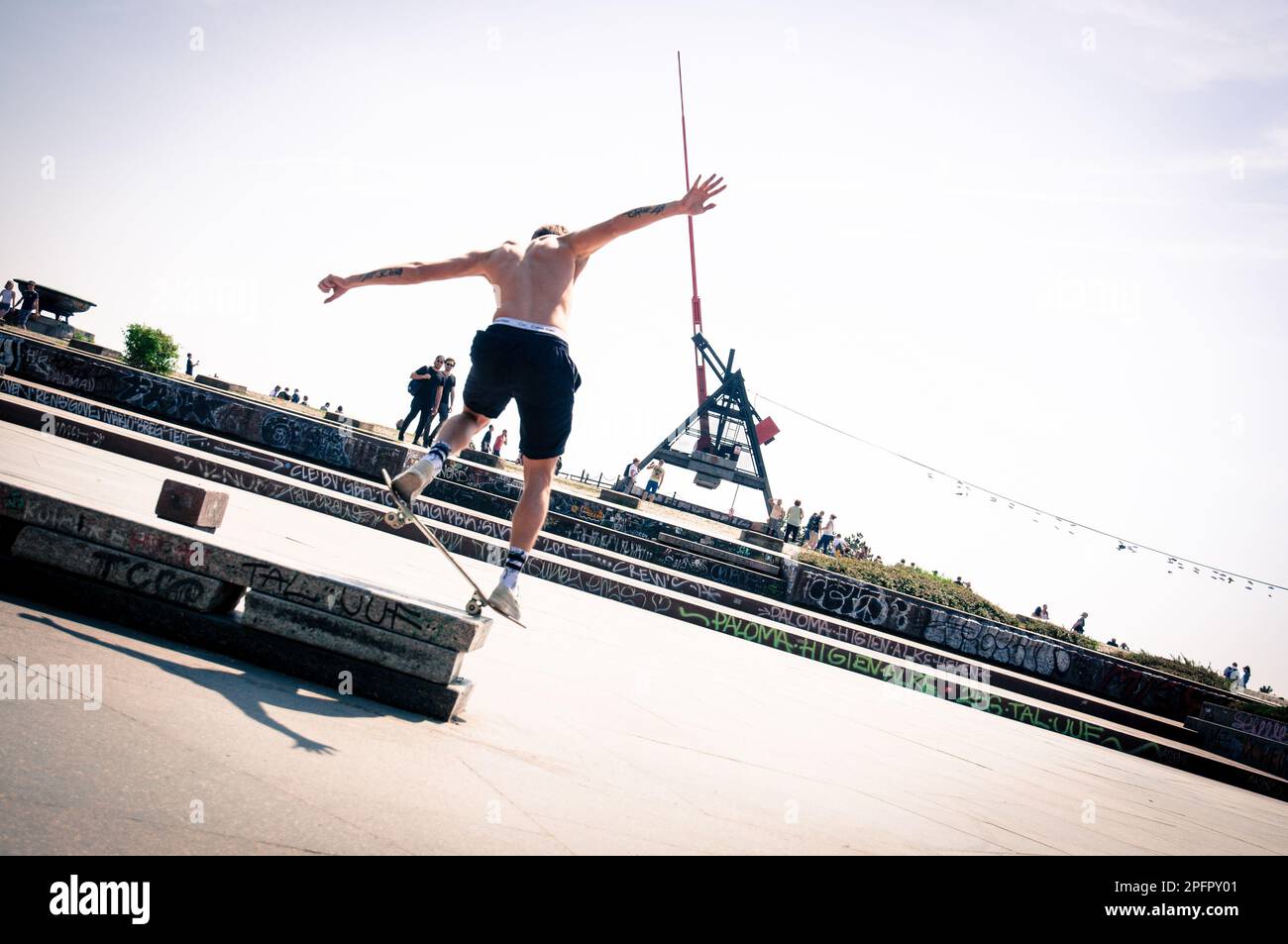 Czech Republic, Prague, skaters in action on the steps of Letenské park ...