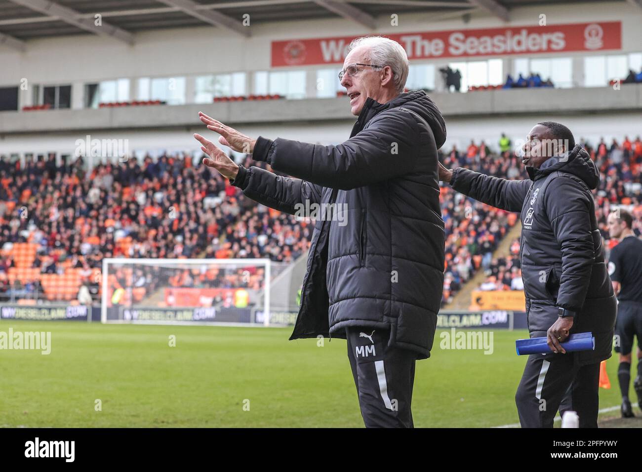 Blackpool, UK. 18th Mar, 2023. Mick McCarthy manager of Blackpool calms ...
