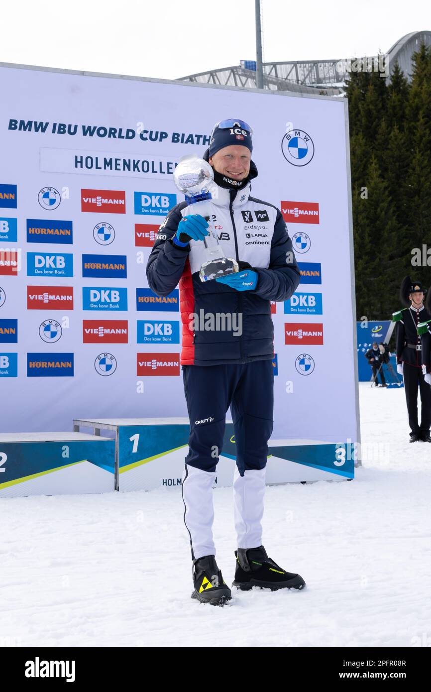Oslo, Norway 18 March 2023, Johannes Thingnes Boe of Norway celebrates ...