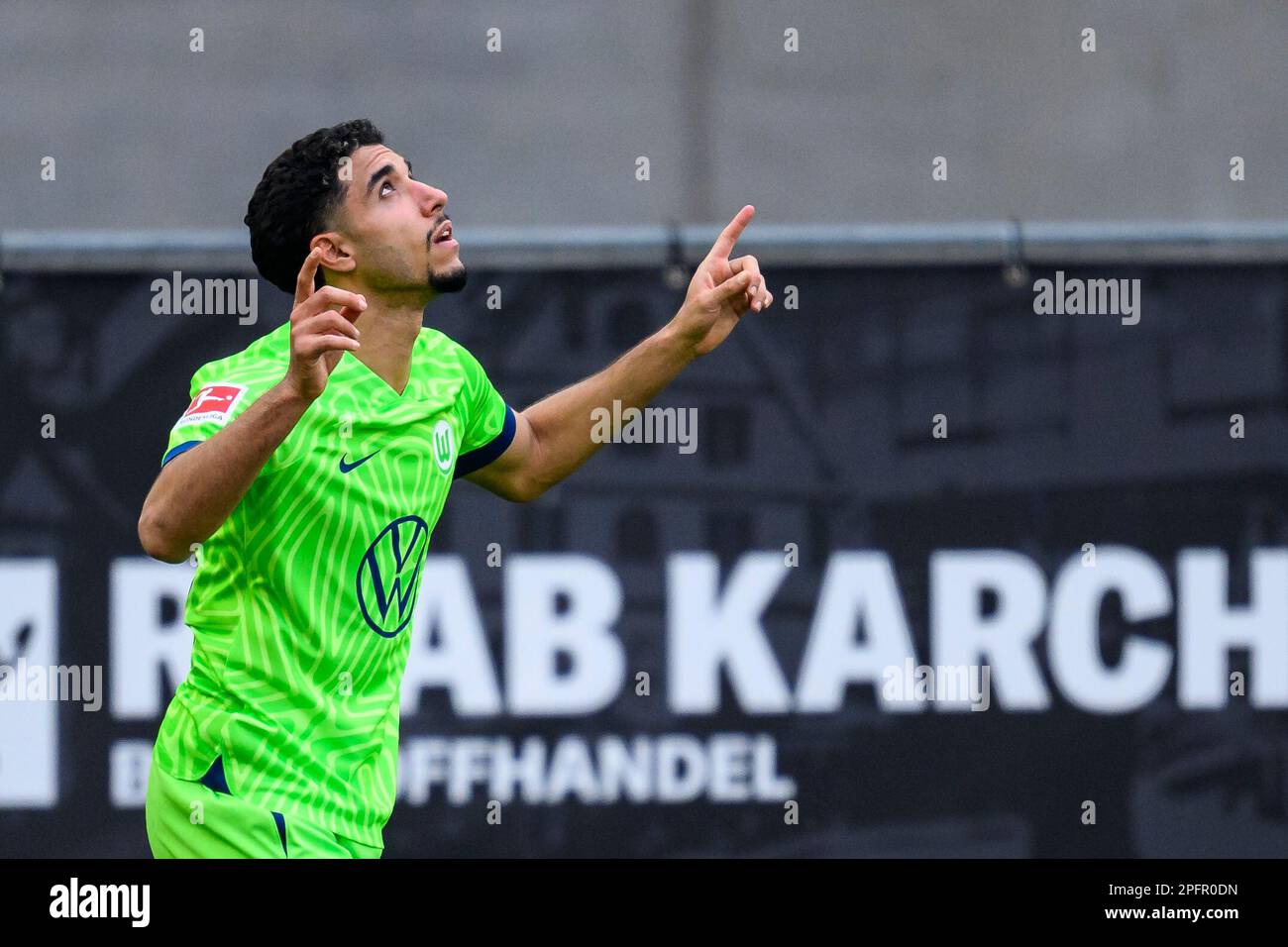 Wolfsburg's Omar Marmoush celebrates scoring, during the Bundesliga ...