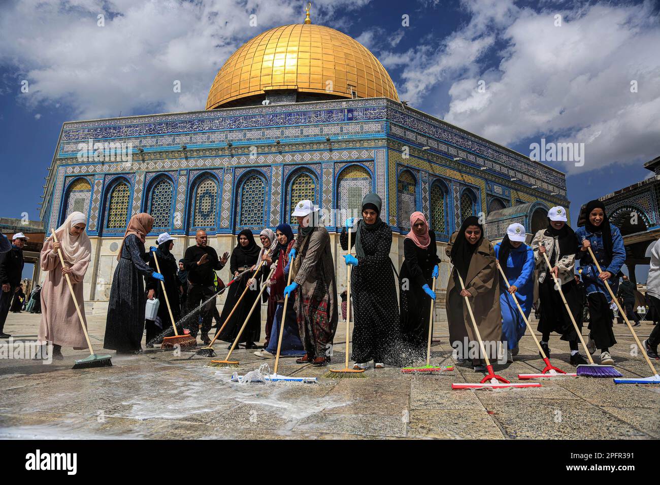 People seen cleaning at the Al-Aqsa Mosque, ahead of the holy Islamic ...