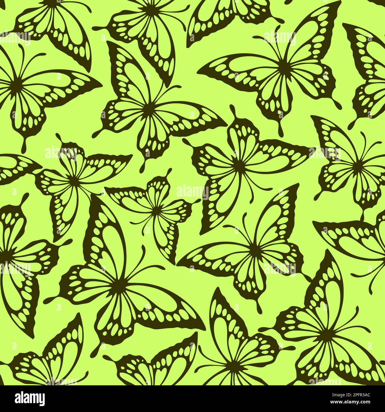 seamless pattern of green contours of butterflies on an olive ...