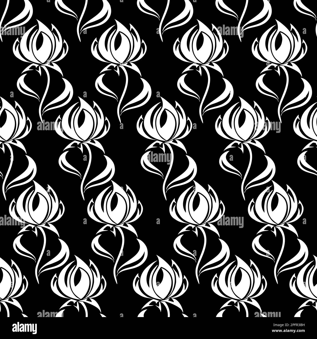 seamless contour pattern of large white flowers on a black background ...
