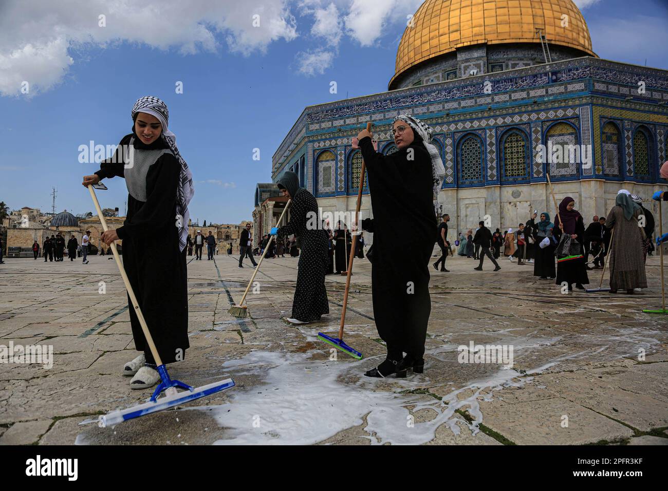 People seen cleaning at the Al-Aqsa Mosque, ahead of the holy Islamic ...