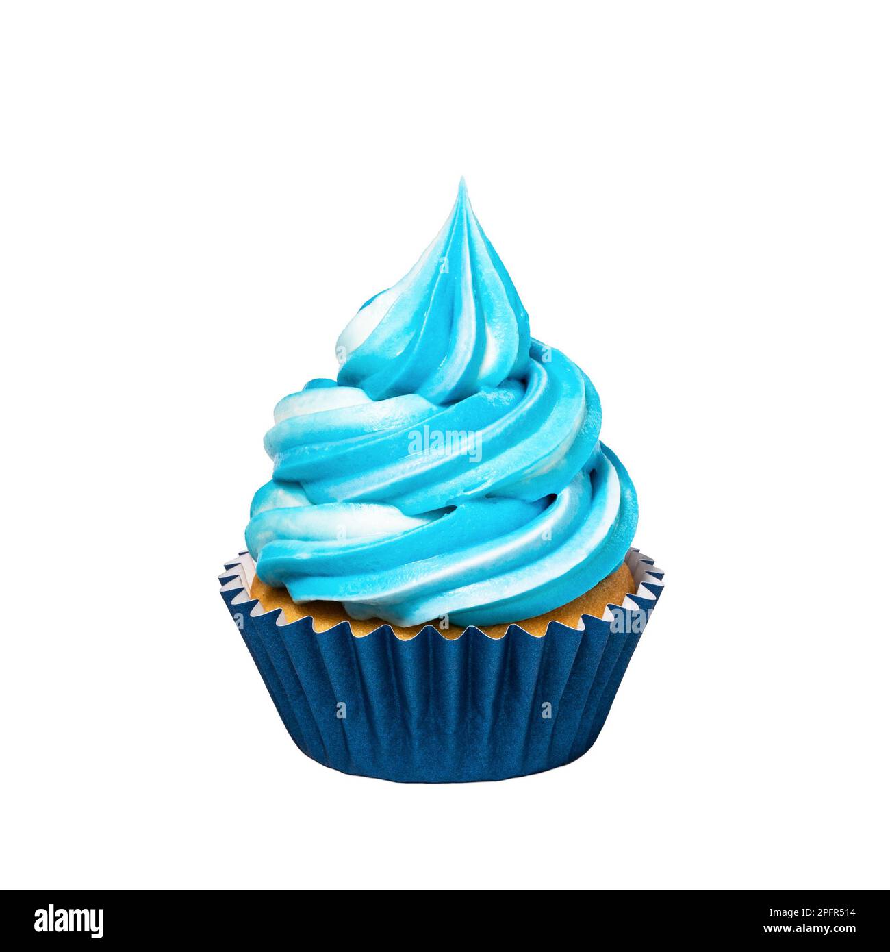 Buttercream cupcake with blue and white swirl icing isolated on a pure ...
