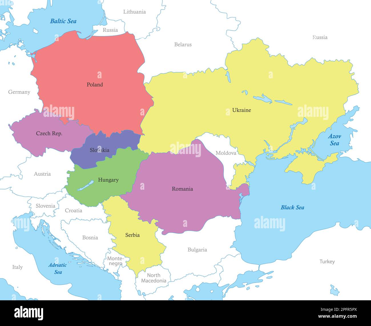 Color political map of Carpathian states with borders of the countries ...