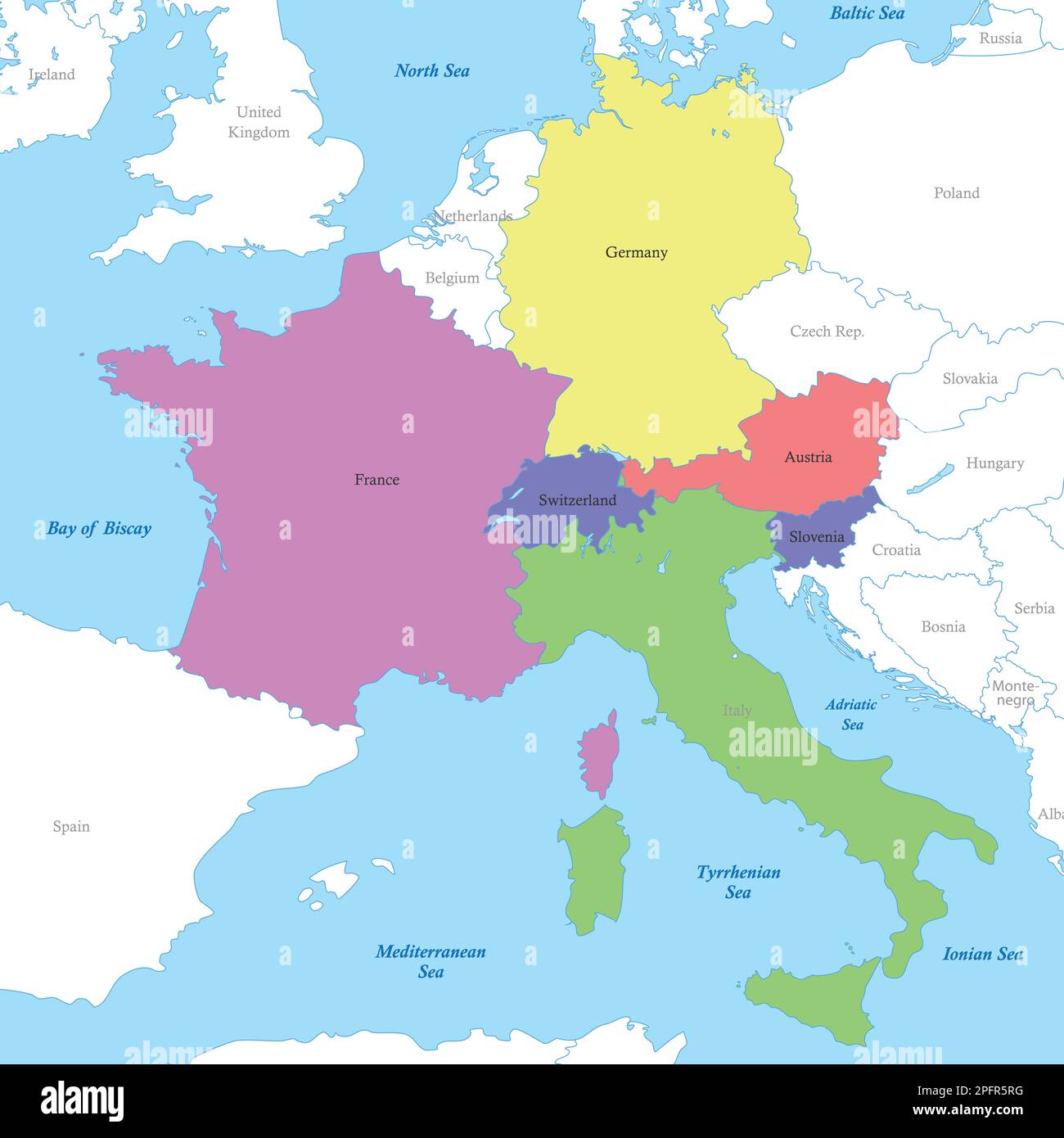 Color political map of Alpine countries with borders of the countries ...