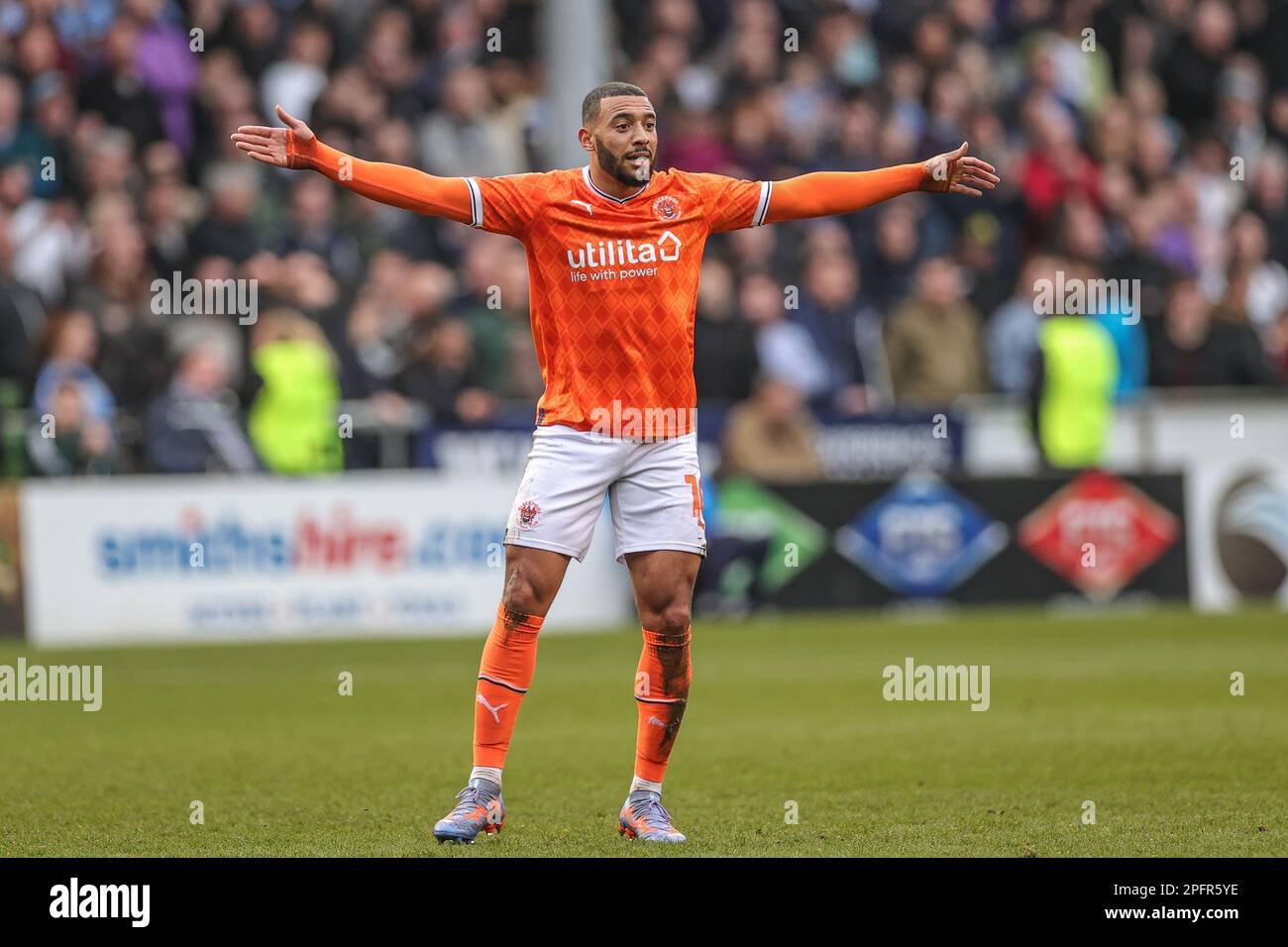 Keshi Anderson #10 of Blackpool reacts during the Sky Bet Championship ...