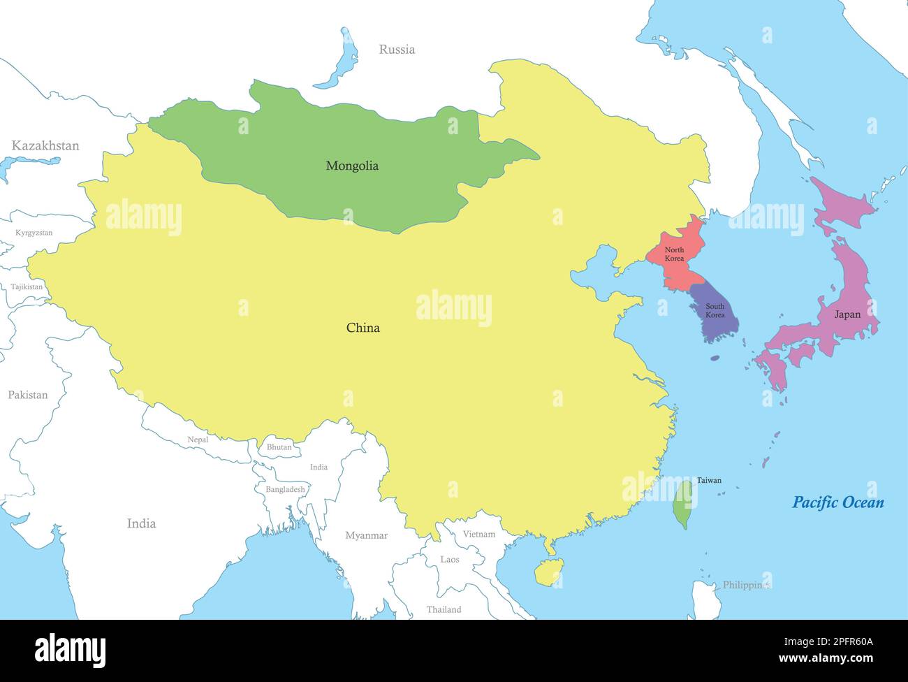 Political color map of East Asia with borders of the states Stock ...