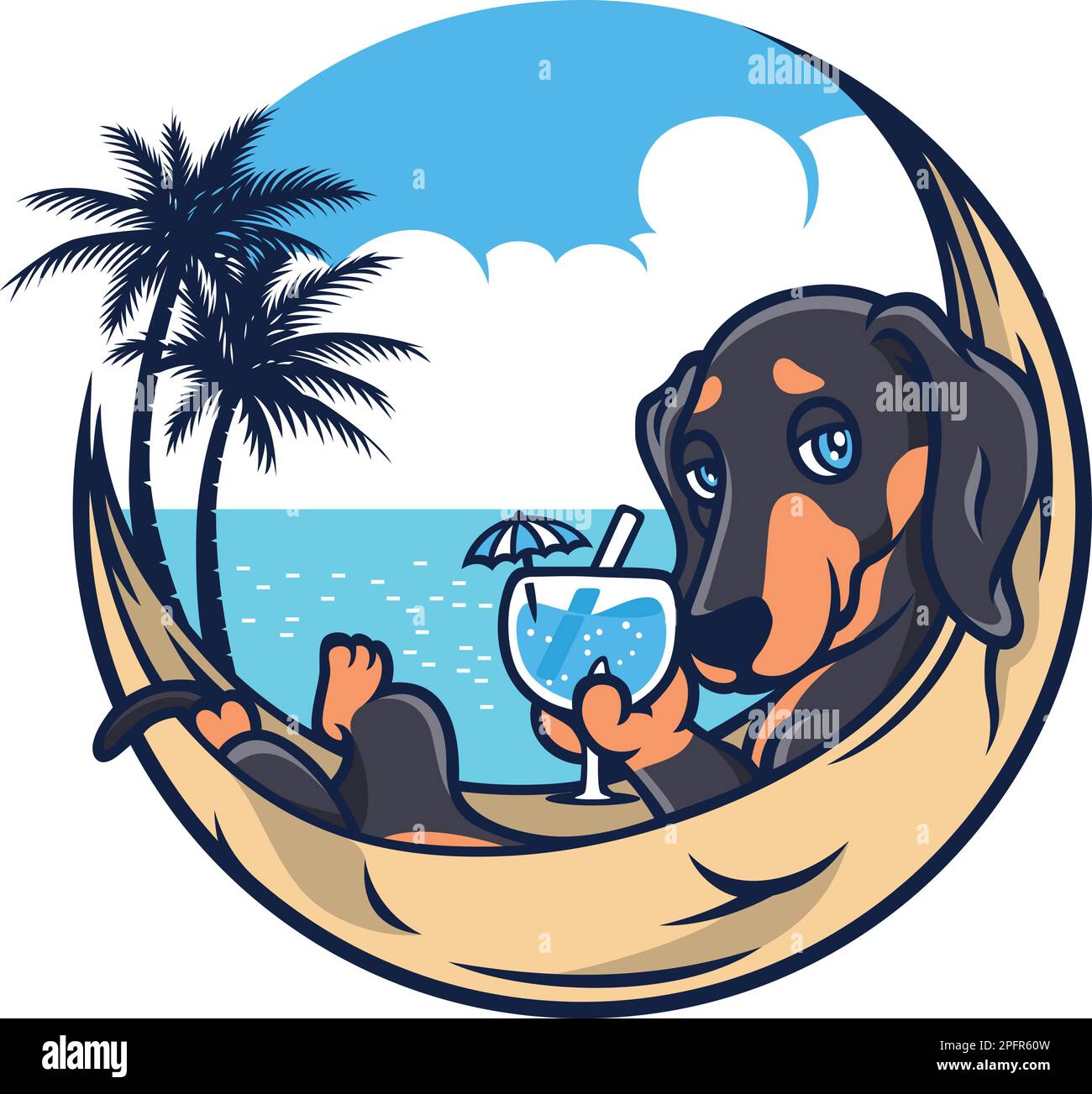 A Cute Dachshund Dog lying in hammock on the beach enjoying a cocktail ...
