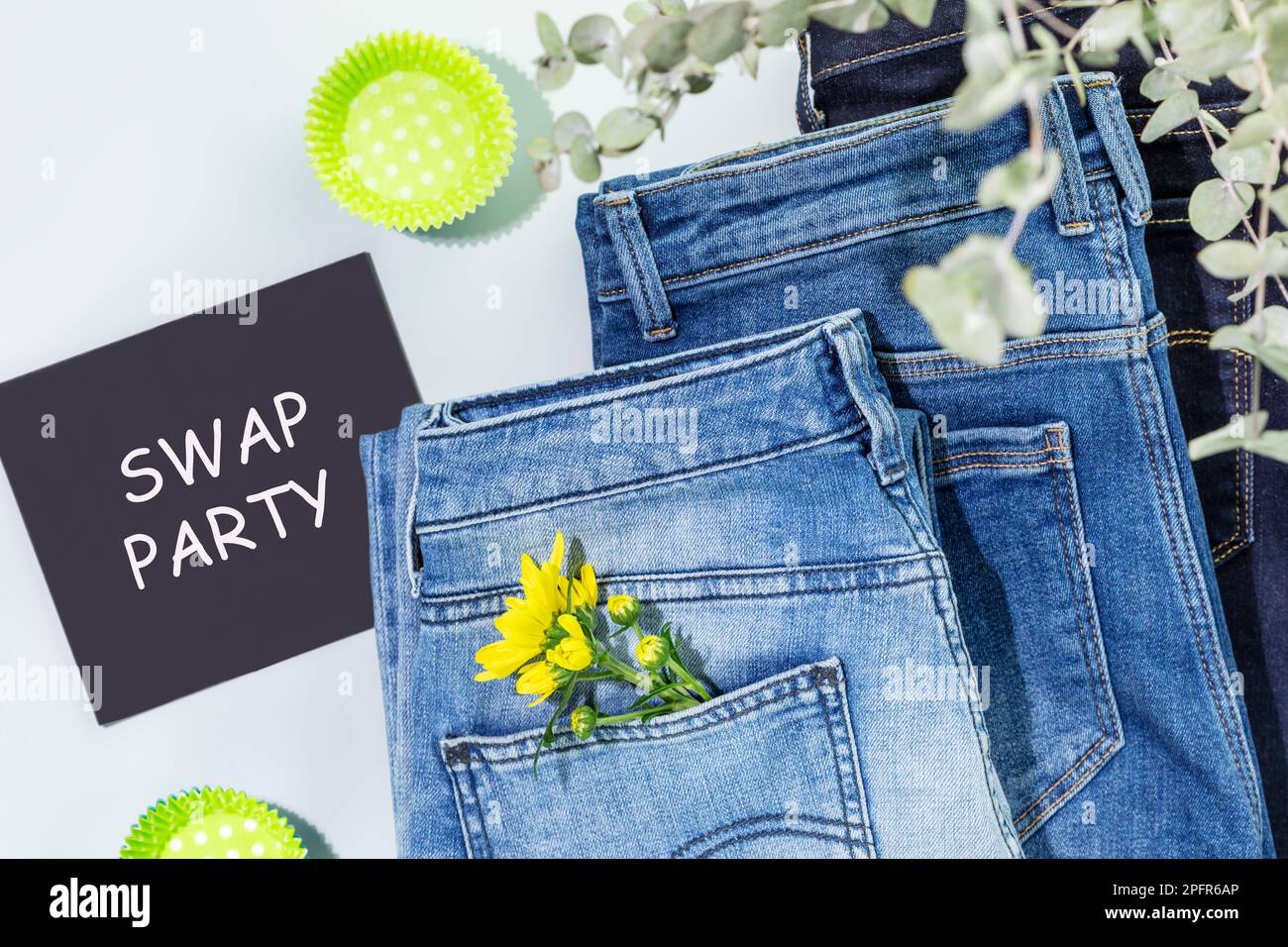 Swap Party. Jeans with flowers and blackboard with inscription Swap ...