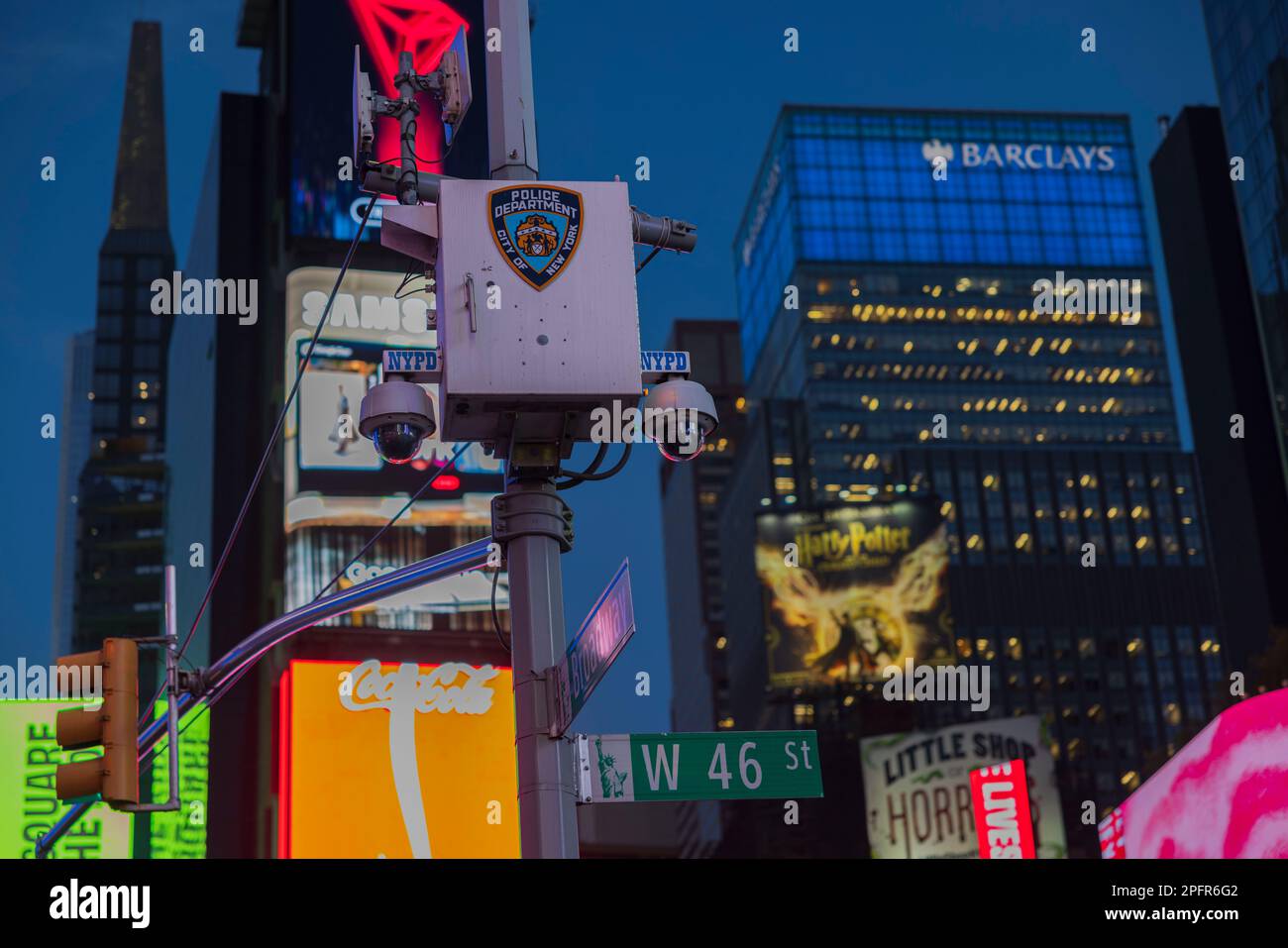 Night view of Manhattan in Broadway with police department security ...