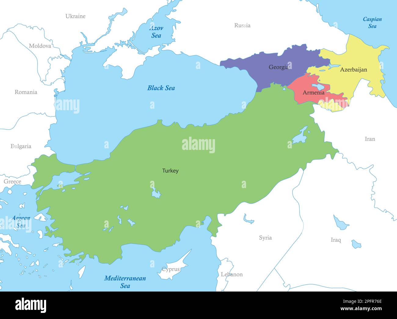 Color political map of Turkey and Caucasus with borders of the ...