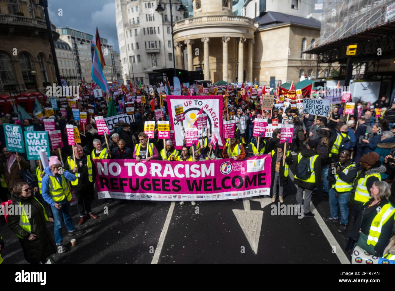 London, UK. 18 March 2023. People outside the BBC headquarters take ...