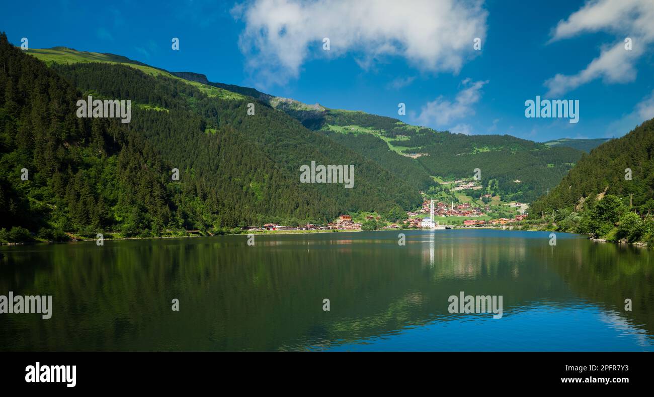 Turkey's famous tourist mountain lake. Long lake (Uzungöl) view from ...