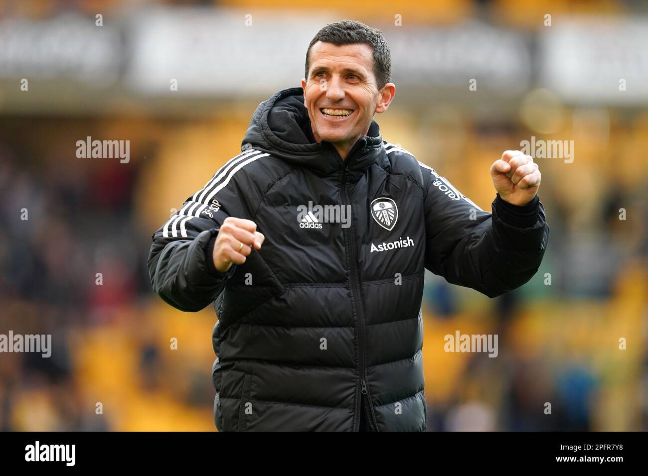 Leeds United manager Javi Gracia celebrates after the final whistle in the Premier League match ...
