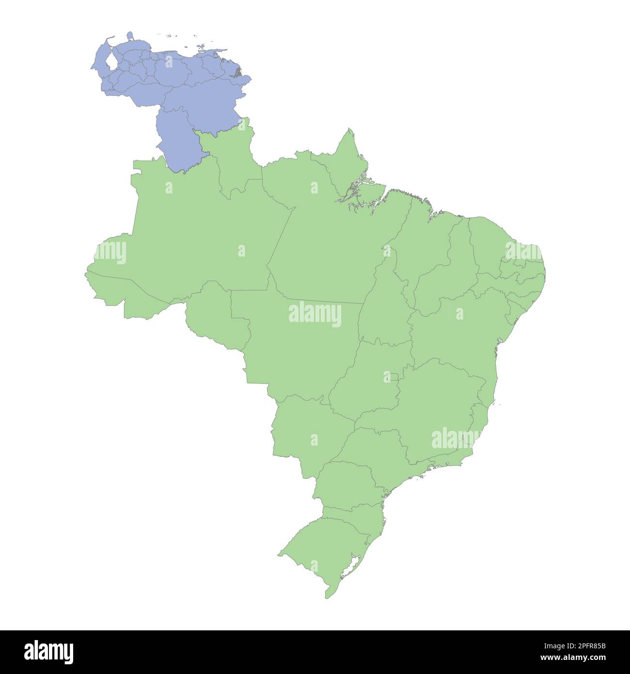 High quality political map of Brazil and Venezuela with borders of the ...