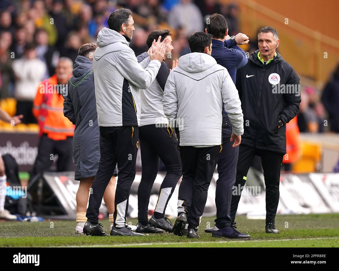 Wolverhampton Wanderers manager Julen Lopetegui argues with the fourth ...