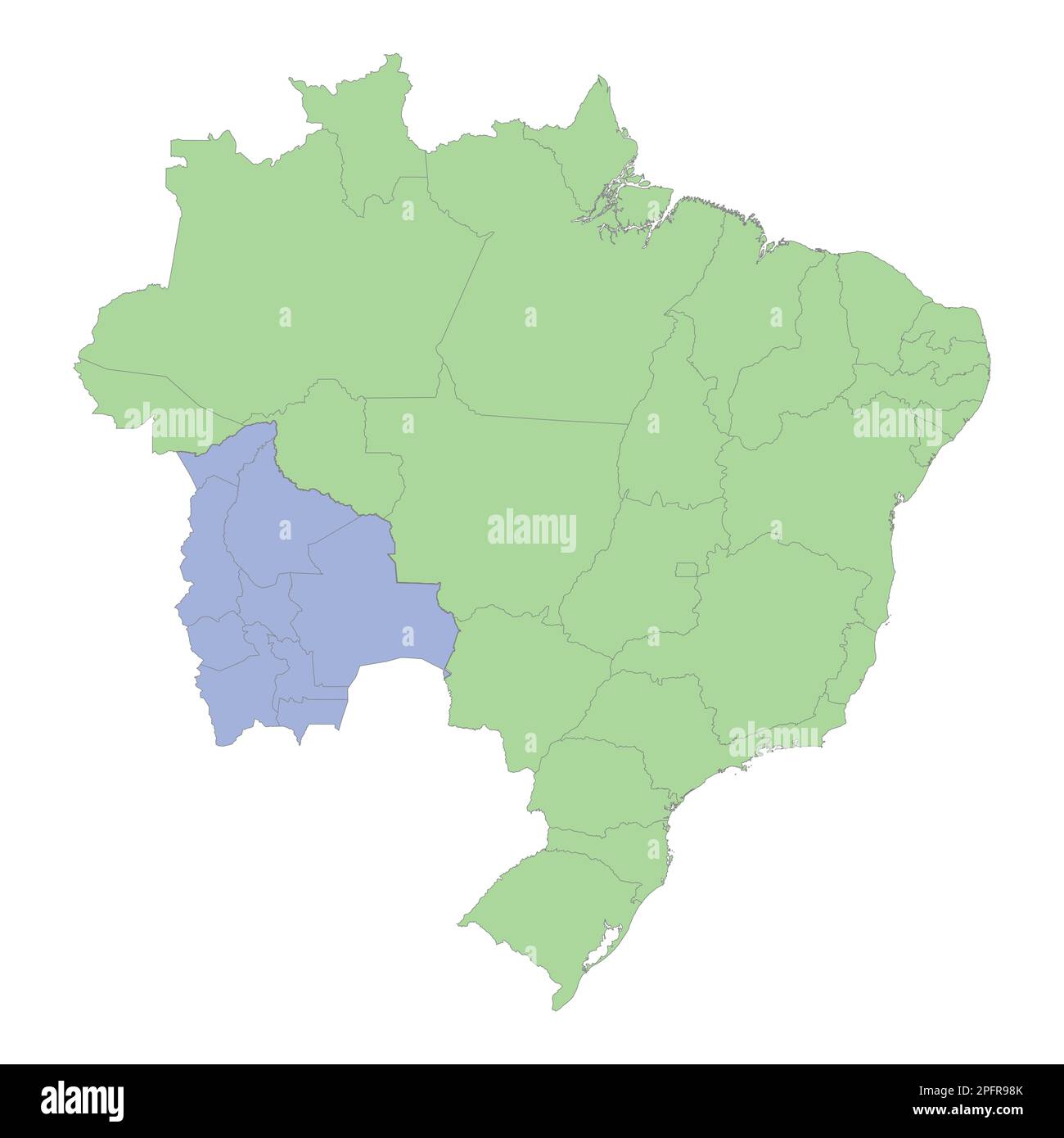 High quality political map of Brazil and Bolivia with borders of the ...