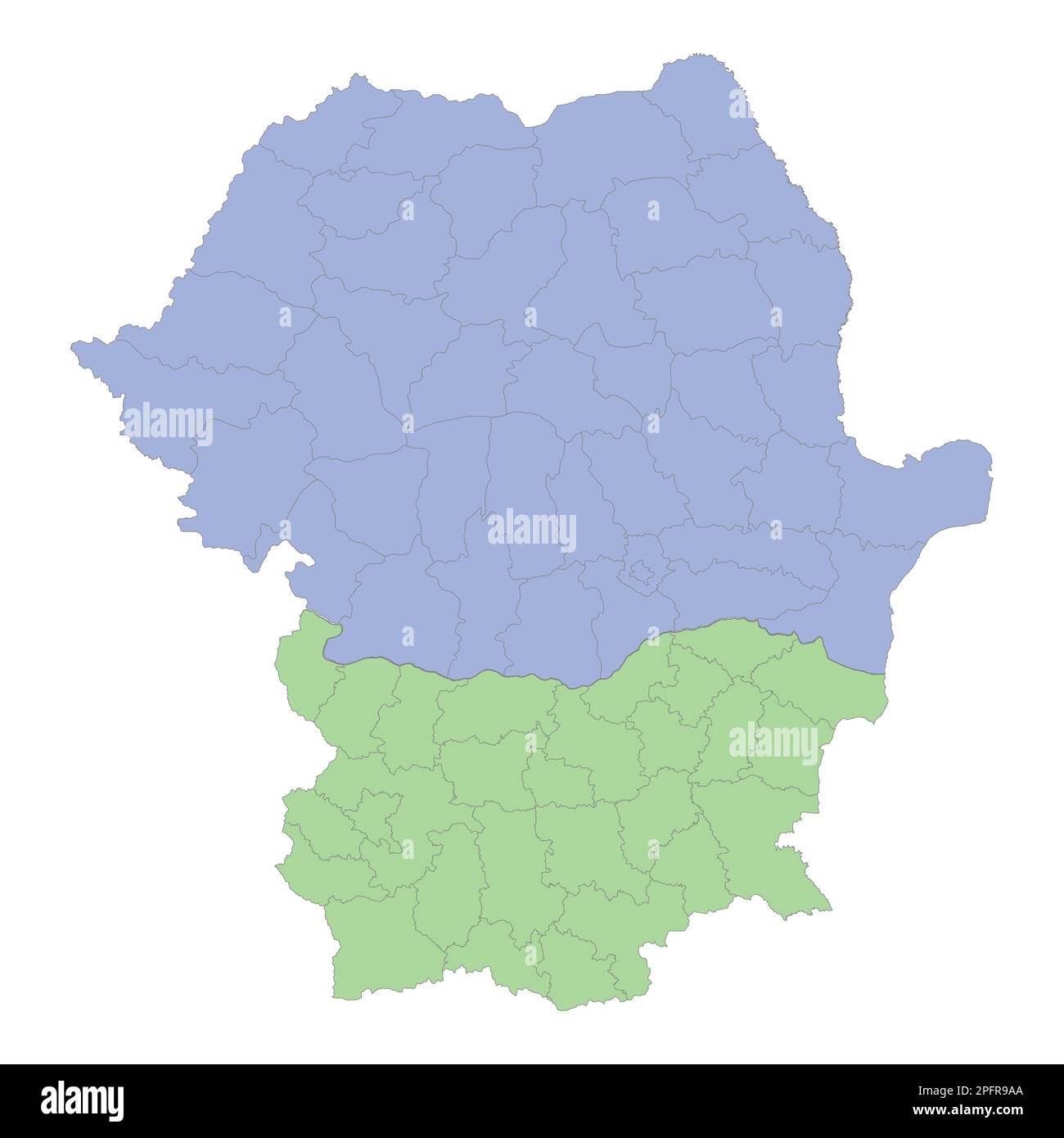 High quality political map of Romania and Bulgaria with borders of the regions or provinces ...
