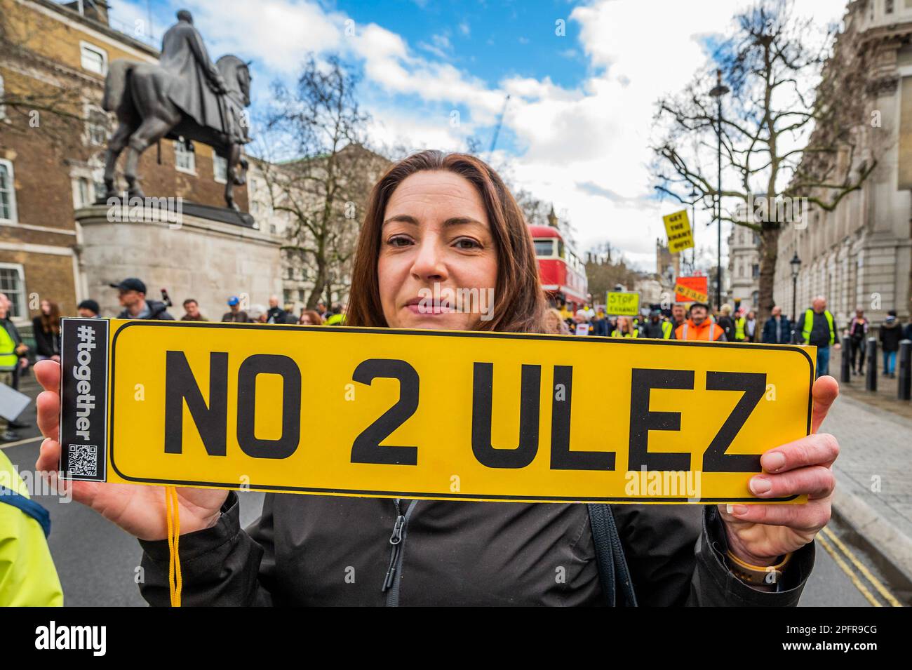 London, UK. 18th Mar, 2023. A Stop the ULEZ protest in Whitehall ...