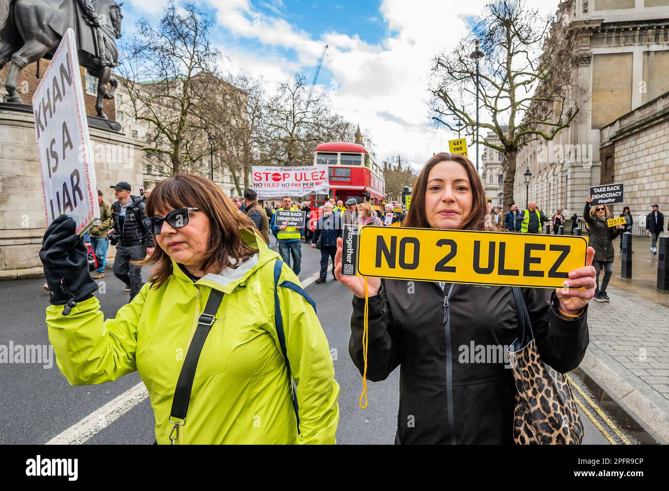 London, UK. 18th Mar, 2023. A Stop the ULEZ protest in Whitehall ...